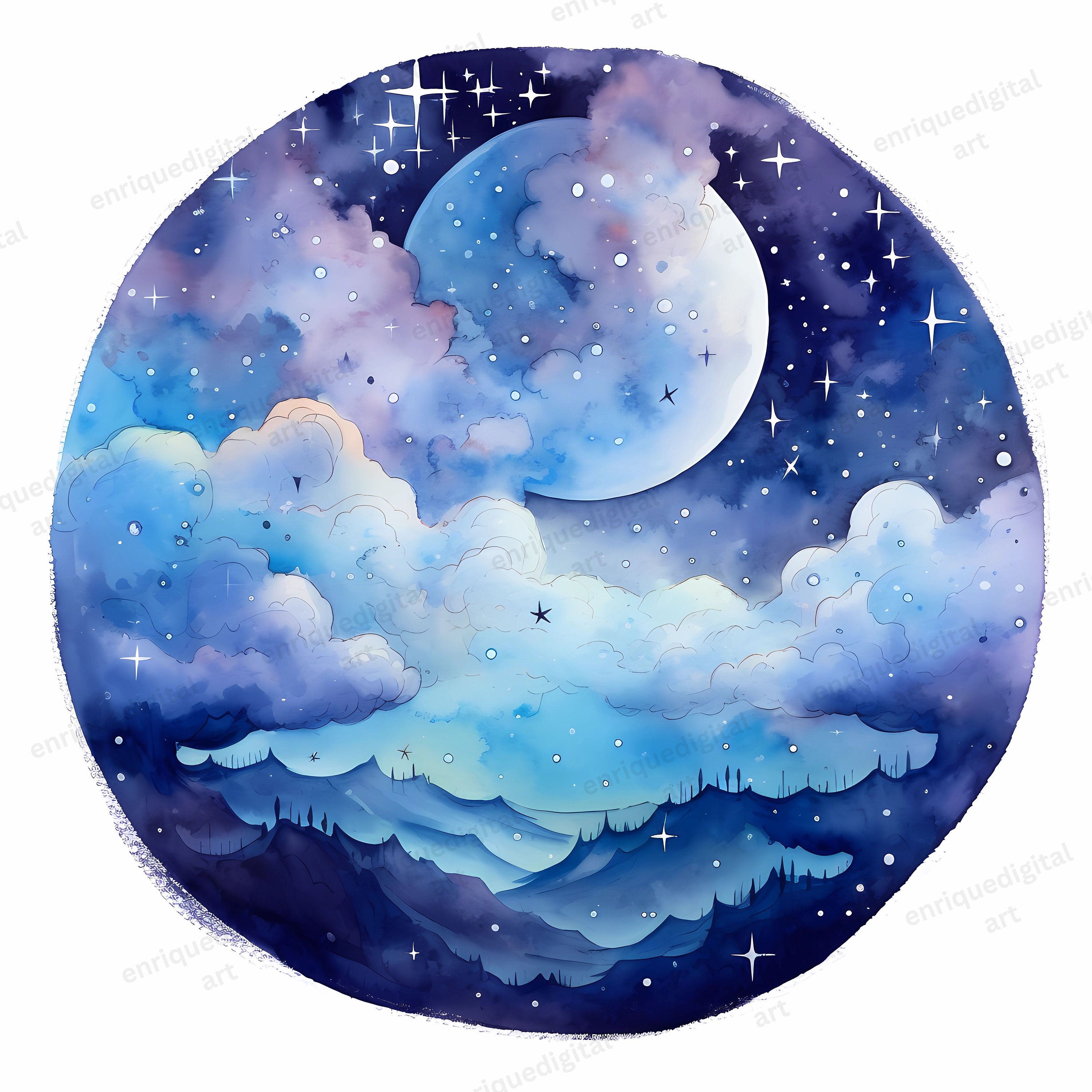Watercolor Moon Clipart Sky Landscape Card Making Digital - Etsy