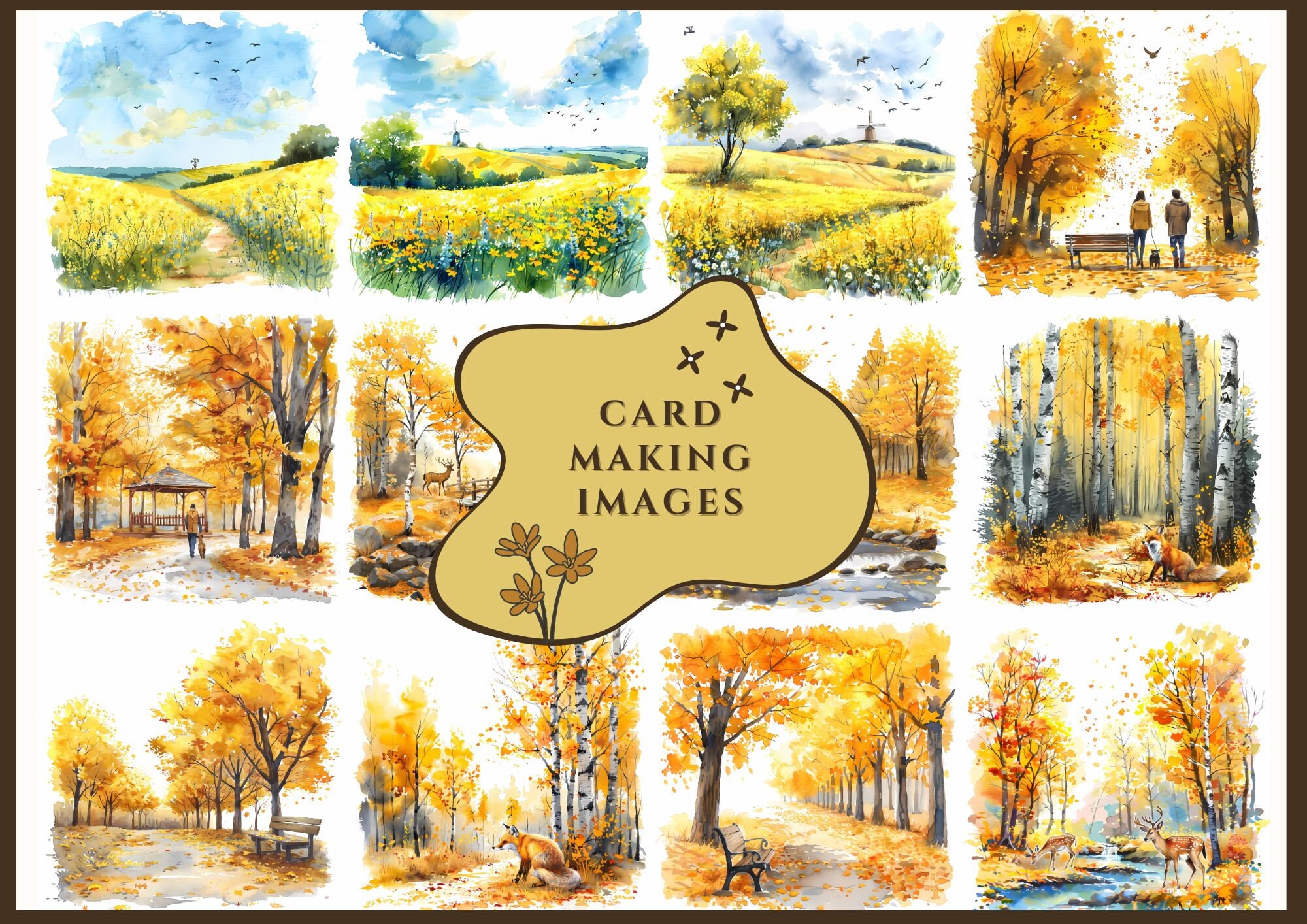 Watercolor Yellow Landscapes Clipart, Summer Nature Scene, Digital ...