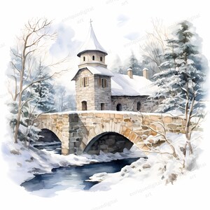 Watercolor Bridge Clipart, Church Clipart, Winter Landscape, Card ...
