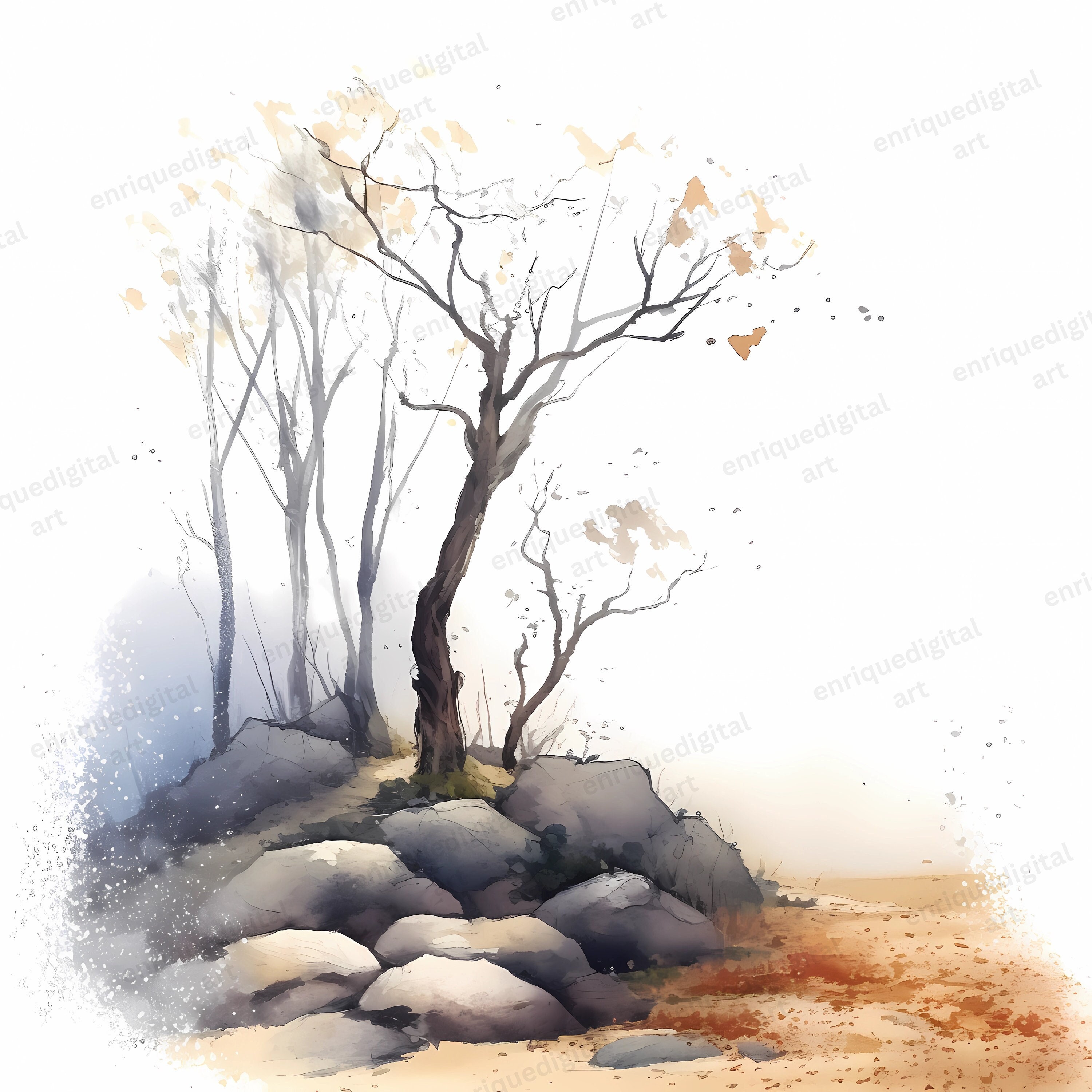 Watercolor Misty Tree Clipart Landscape Art Printable Wall - Etsy