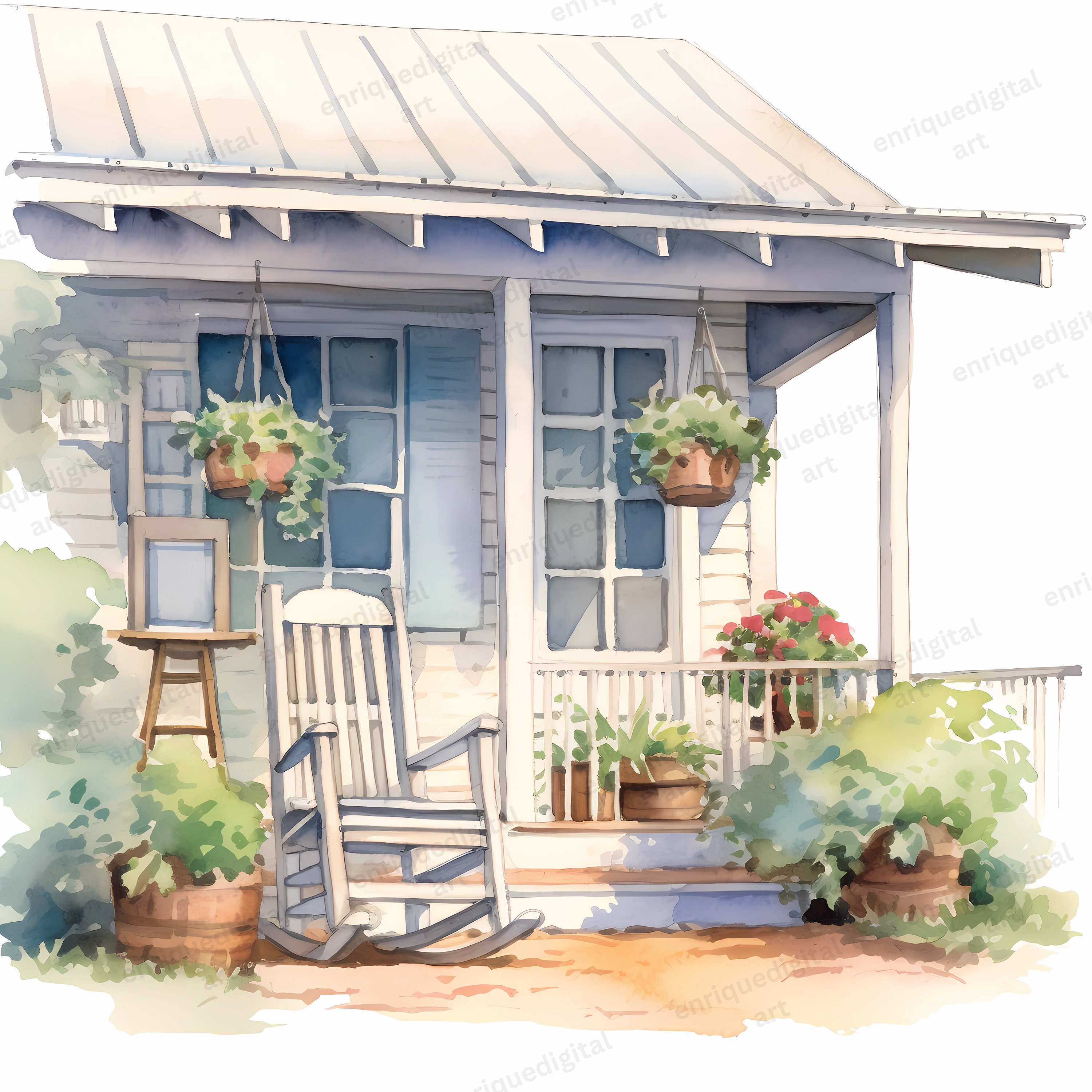 Watercolor Countryside Porch Clipart, Landscape Art, Printable Wall Art ...
