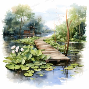 Watercolor Pond Dock Clipart, Nature Landscape Scenes, PNG Format ...