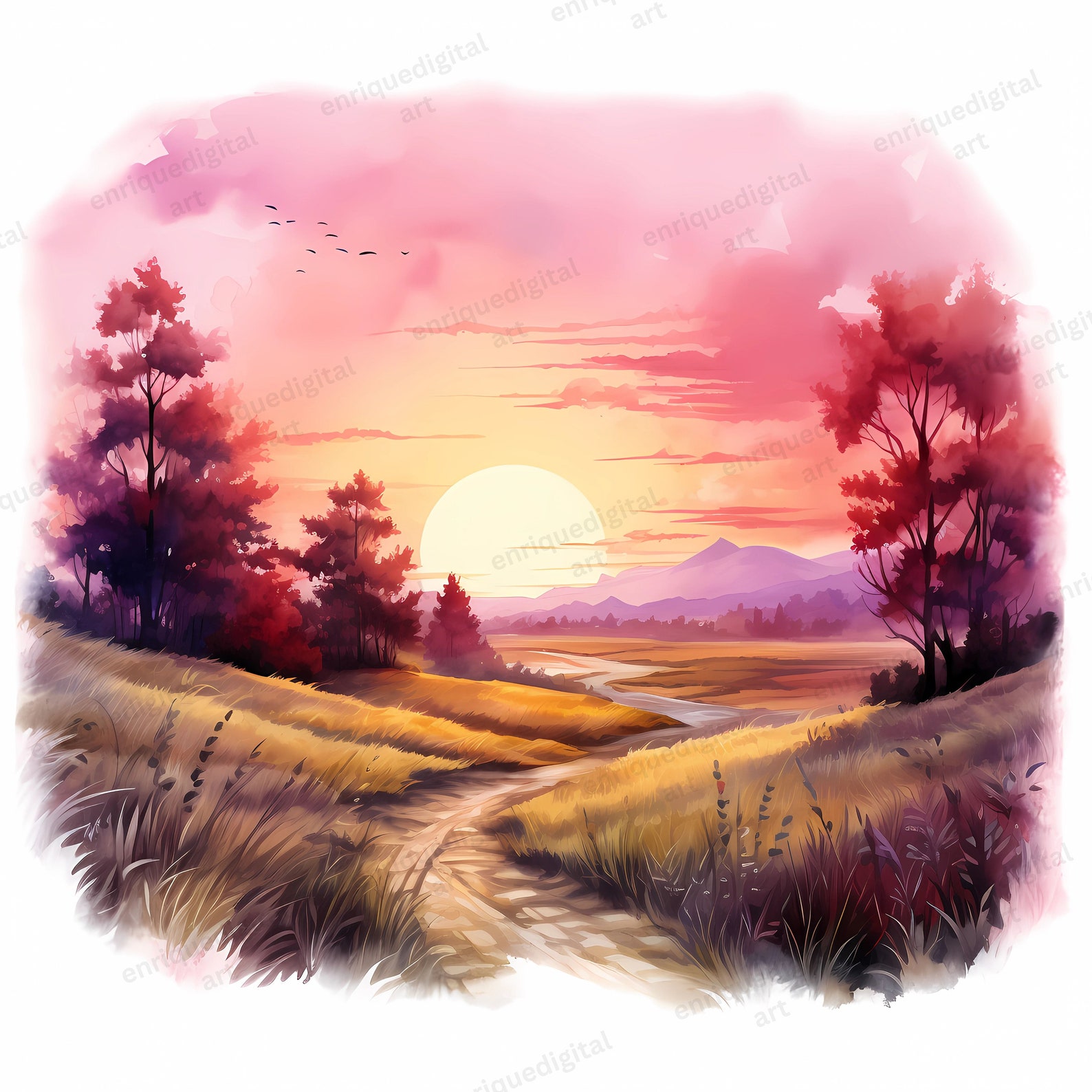 Watercolor Sunrise Clipart, Sunrise Landscape, PNG, Card Making ...