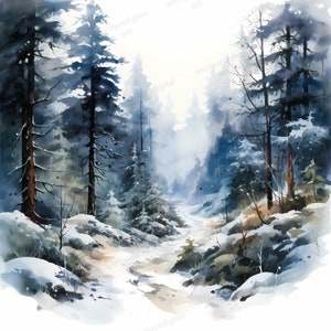 Winter Forest Clipart, Watercolor Art, Digital Prints, Digital Download ...