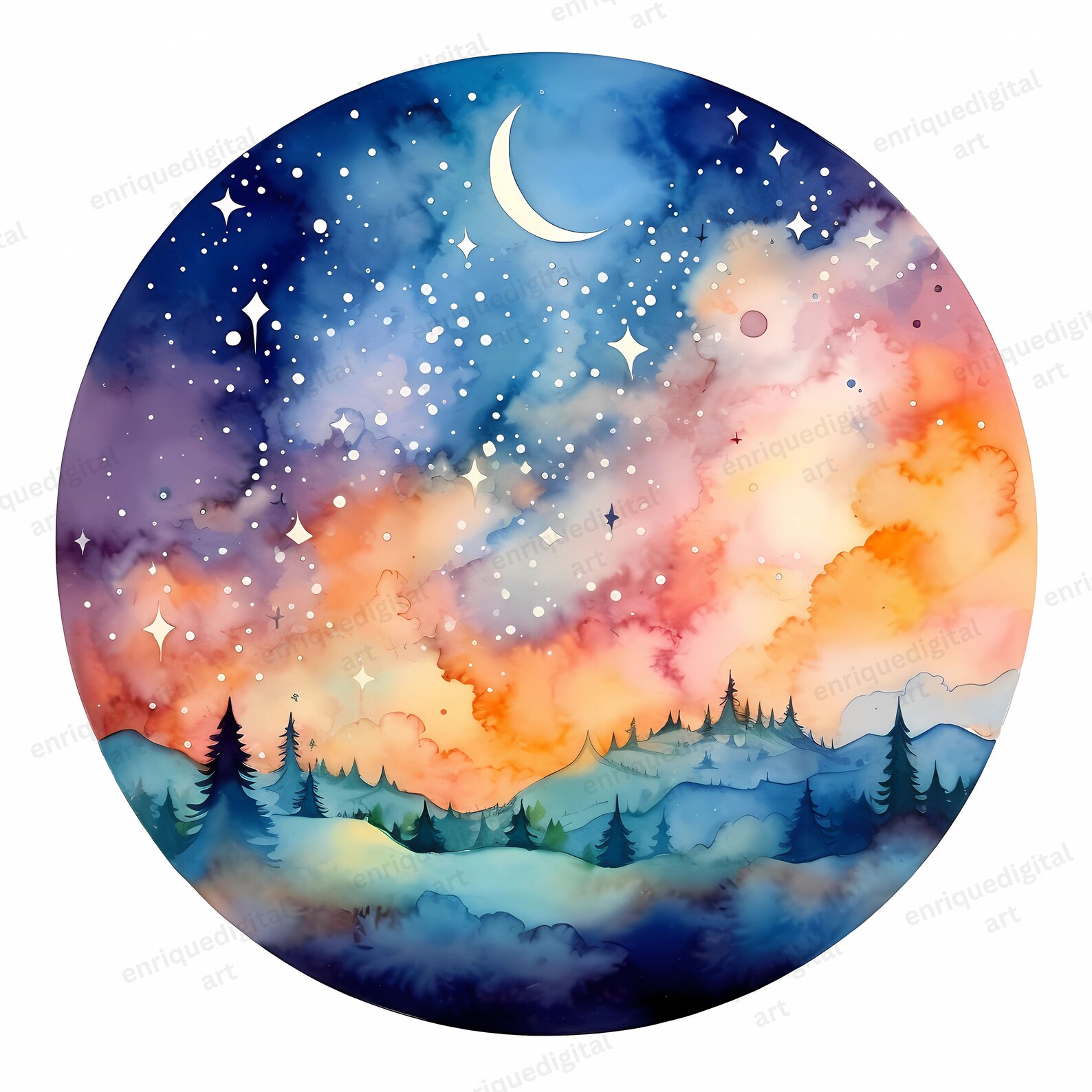 Watercolor Moon Clipart, Sky Landscape, Card Making, Digital Download ...
