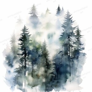 Watercolor Misty Forest Clipart, Landscape Art, Printable Wall Art ...