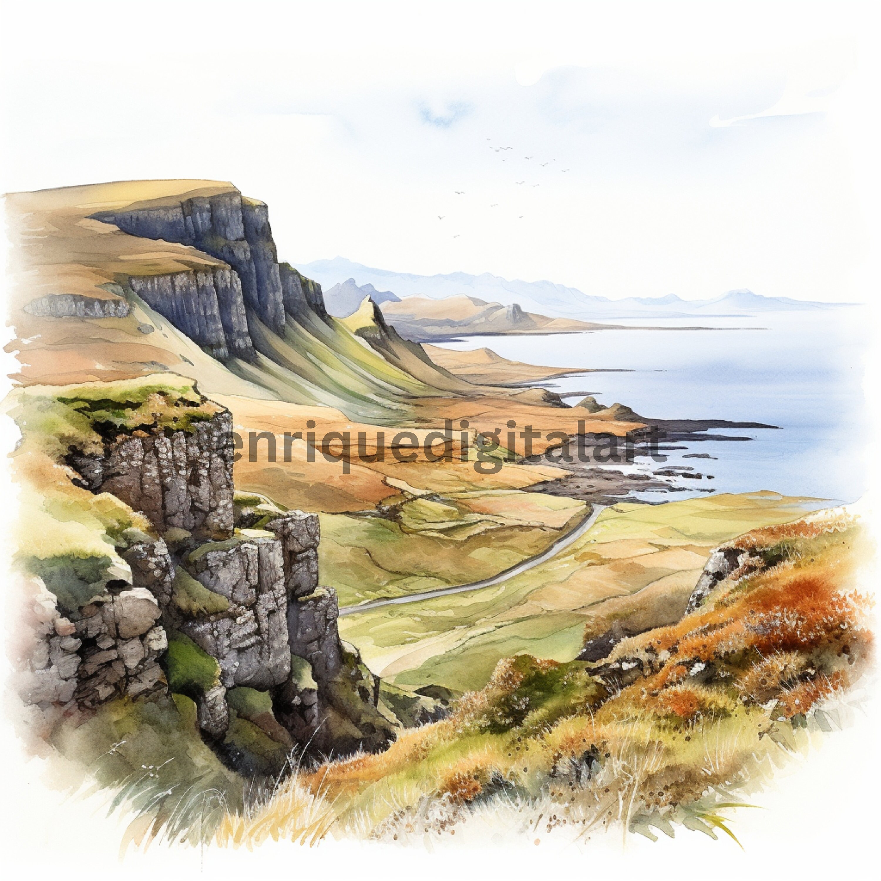 Watercolor Scottish Landscape Clipart, Green Vivid Colors, Printable ...
