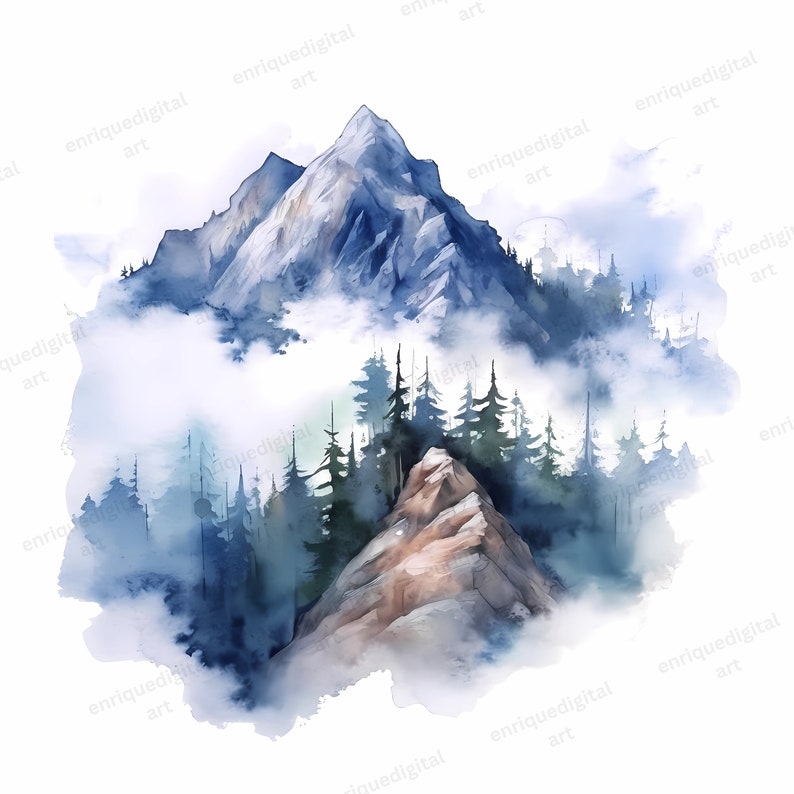 Watercolor Misty Forest Mountain Clipart Misty Mountain - Etsy