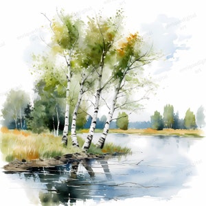 Watercolor Birch Trees Clipart, Lake Landscape, Card Making, Paper ...