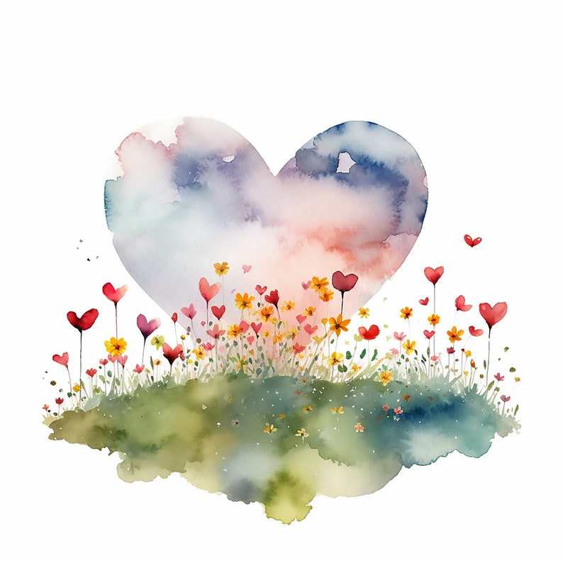 Heart Watercolor Clipart Heart Clipart Meadow Landscape - Etsy