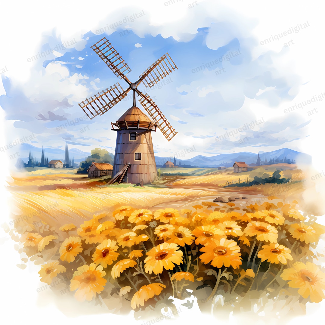 Watercolor Windmill Sunflowers Clipart, Nature Landscape Scenes, PNG ...