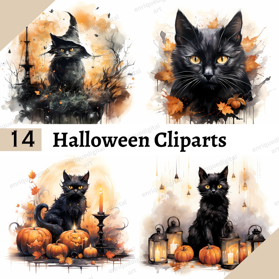Halloween Black Cat Cliparts, PNG Format, Digital Download, Printable ...