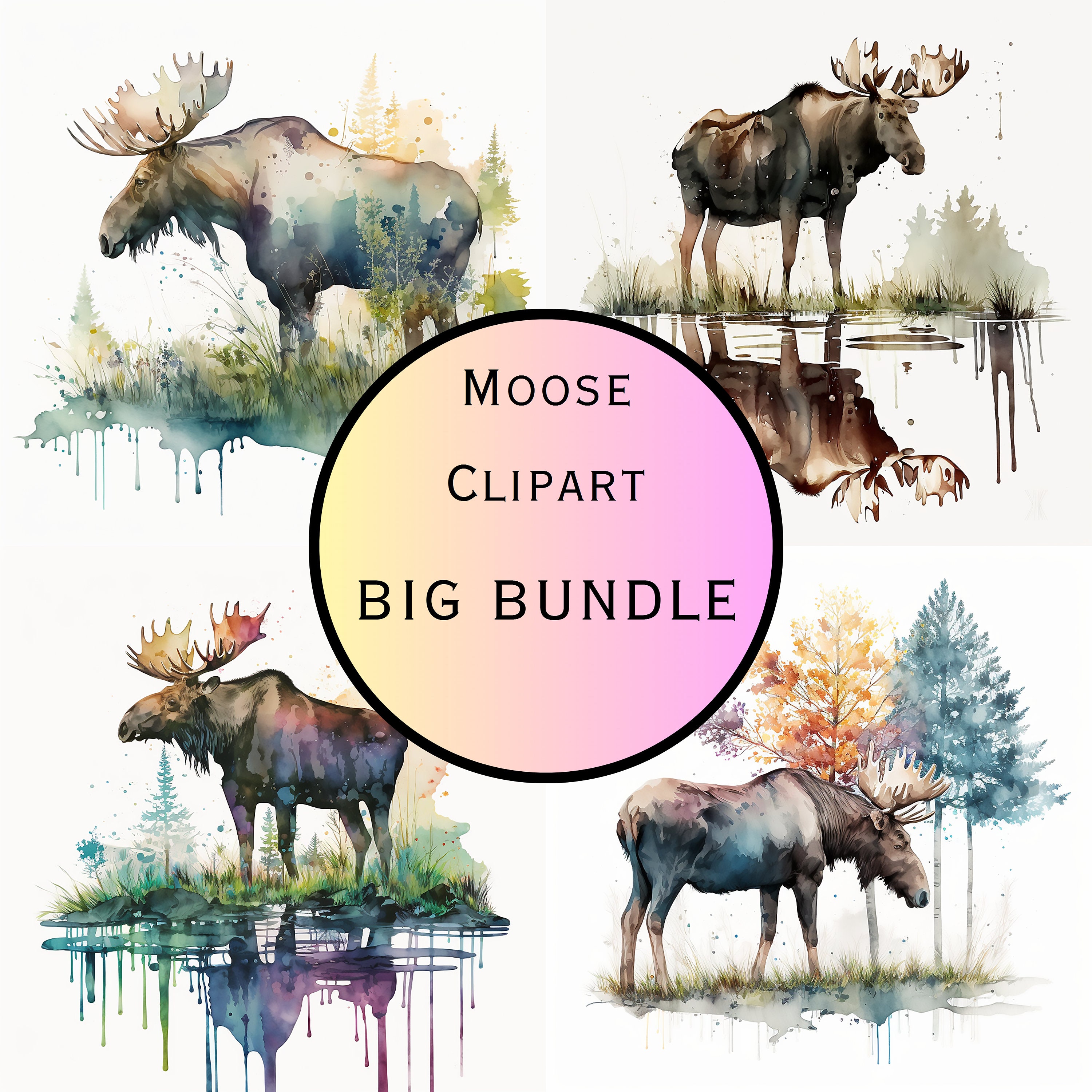 Watercolor Moose Clipart Commercial Use PNG Digital - Etsy
