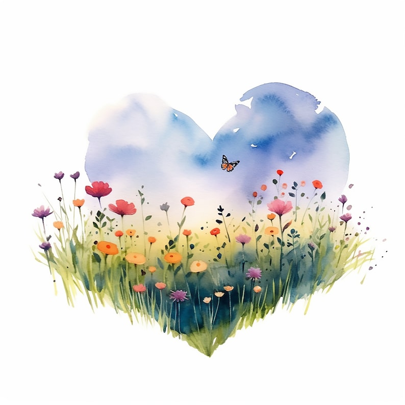 Heart Watercolor Clipart, Heart Clipart, Meadow Landscape, Watercolor ...