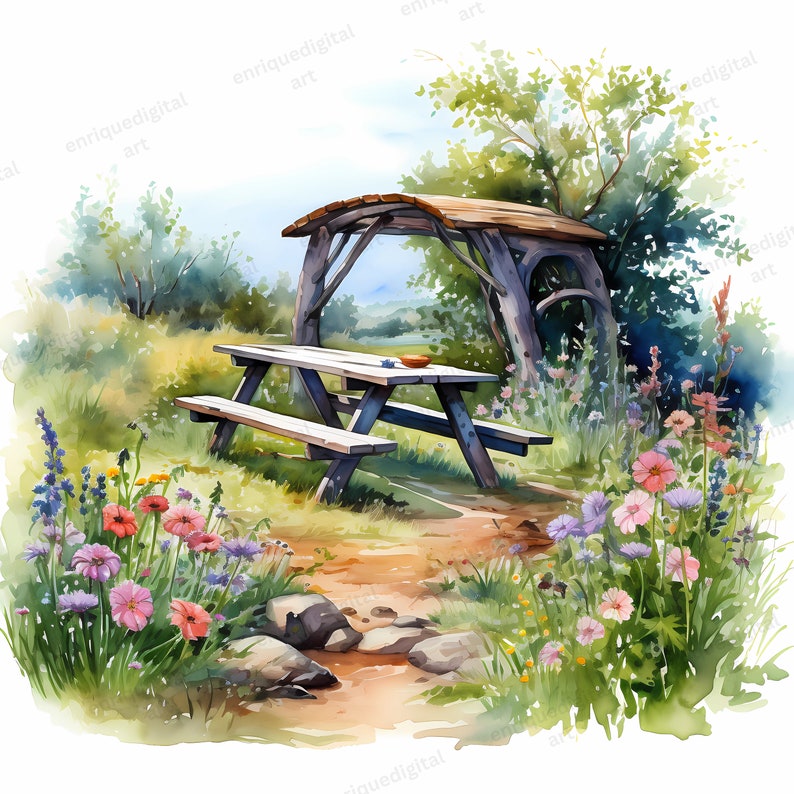 Watercolor Summer Picnic Clipart Picnic Landscape Digital - Etsy