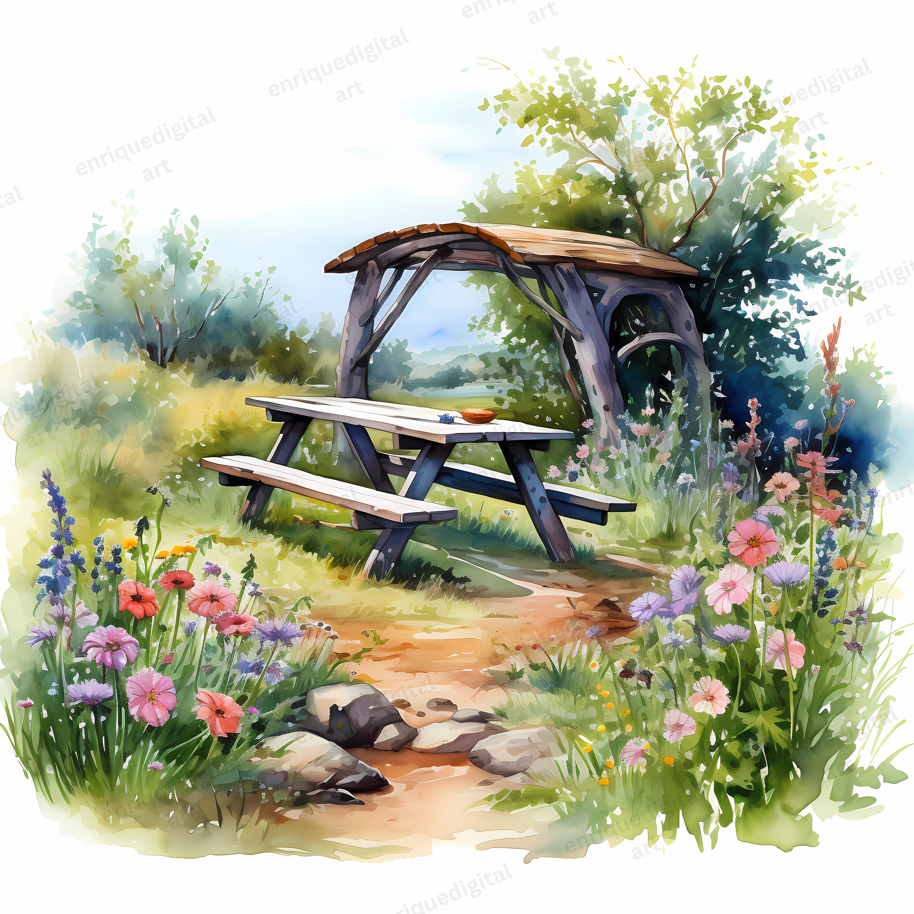 Watercolor Summer Picnic Clipart Picnic Landscape Digital - Etsy