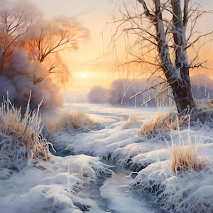 Watercolor Countryside Clipart, Winter Landscape, Winter Scene PNG ...