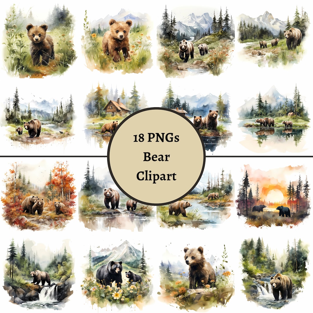 Watercolor Bear Clipart, Bear Digital Images, Nature Scene, Digital ...