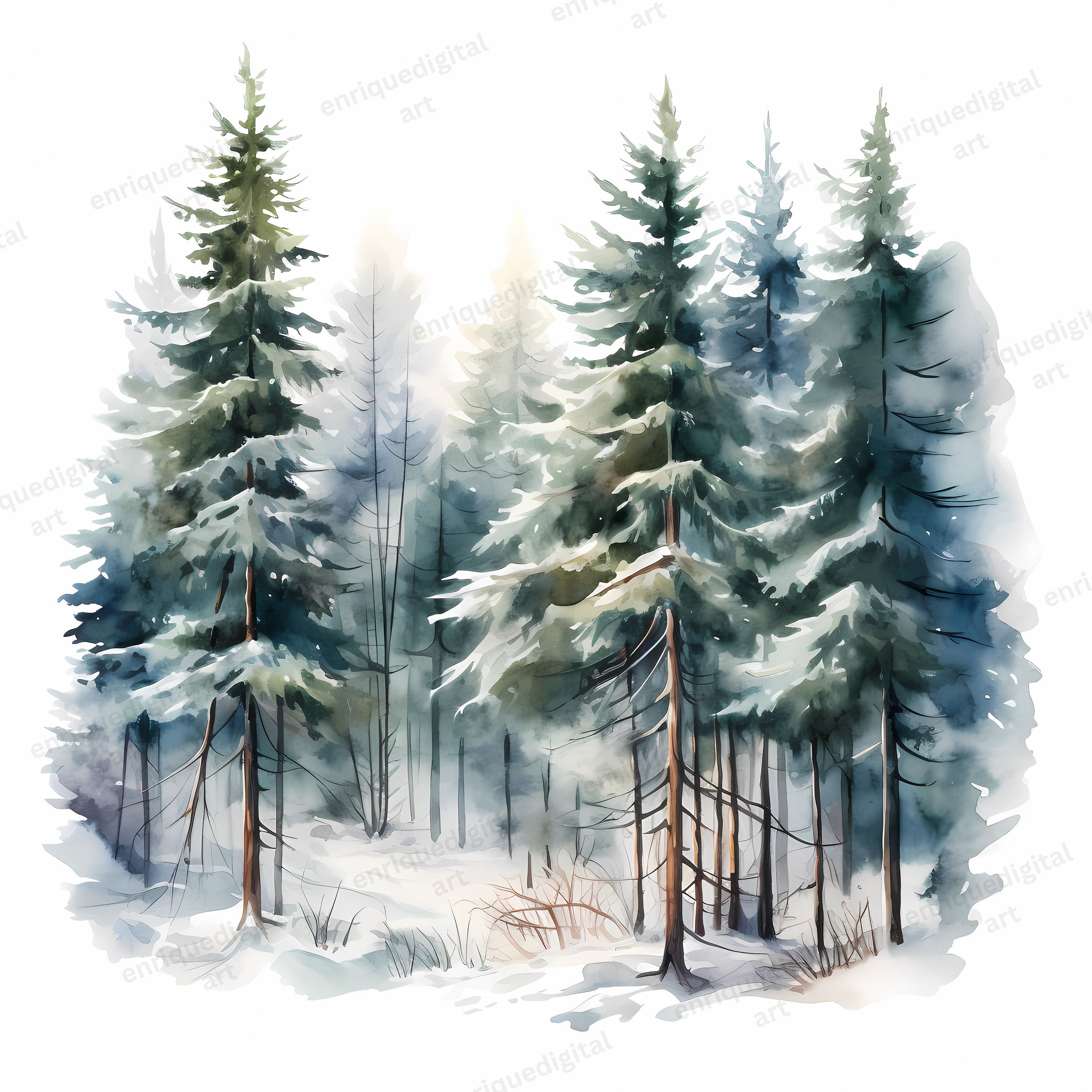 Watercolor Forest Clipart Winter Landscape Card Making - Etsy