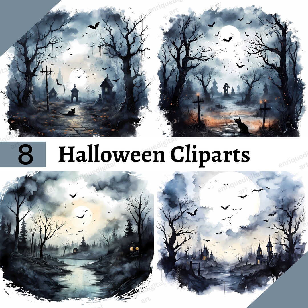 Watercolor Halloween Cliparts, Printable Decorations, Halloween Black ...