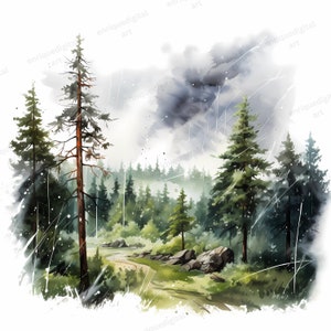 Watercolor Forest Clipart, Forest Landscape, Nature Scene, Digital ...