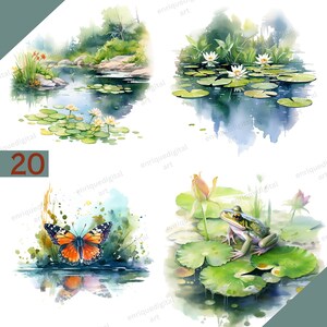 Watercolor Pond Clipart, Nature Landscape Scenes, PNG Format, Digital ...