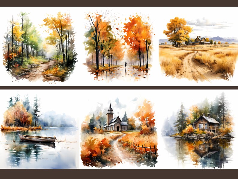 Watercolor Autumn Landscape Clipart Autumn Nature Scene - Etsy
