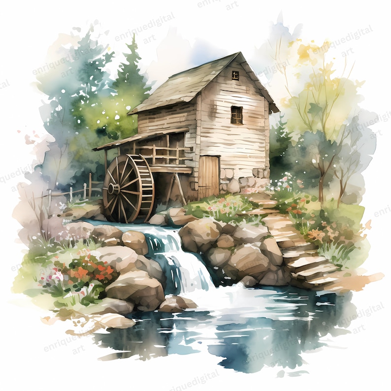 Watercolor Watermill Clipart, Watermill PNG, Watermill Printable Art ...