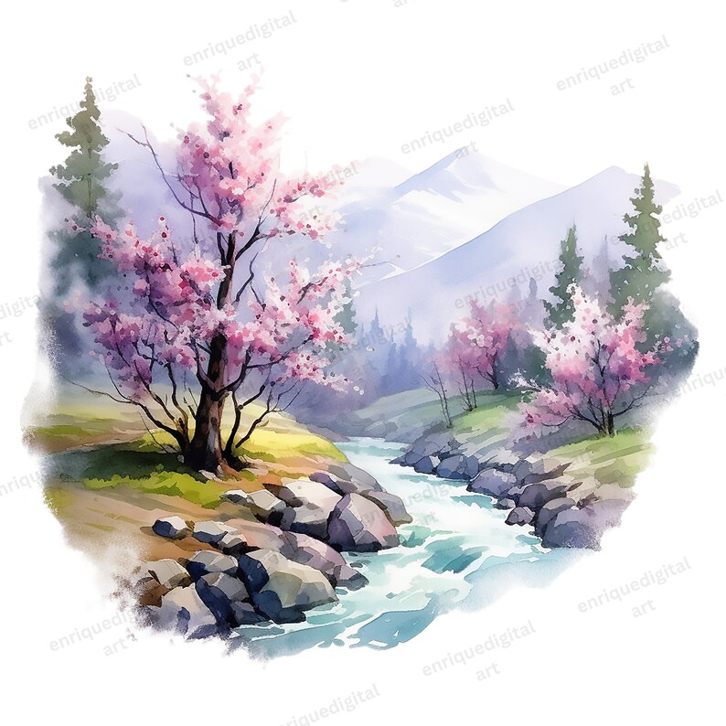 Aquarel Mountain River Spring Clipart Landschap clipart - Etsy België
