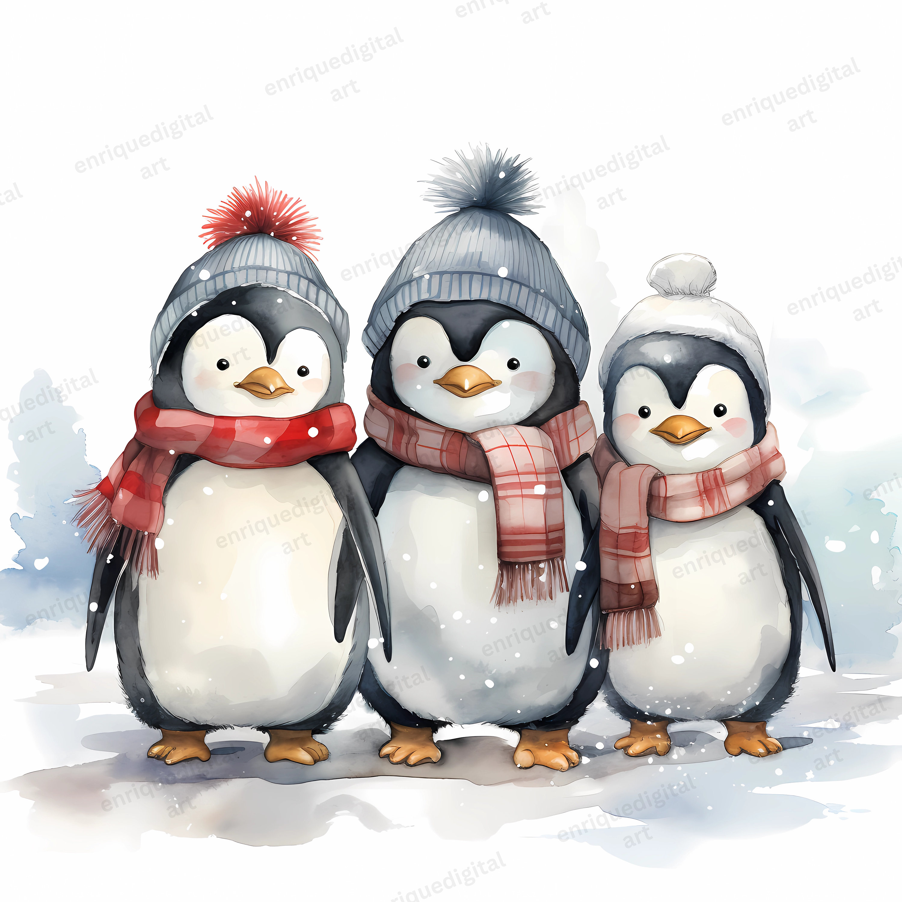 Watercolor Winter Christmas Penguins Clipart Digital - Etsy