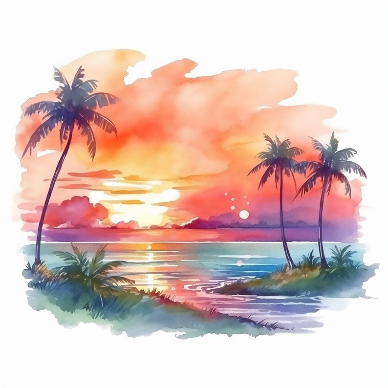 Watercolor Beach Sunsets Clipart Sunset Bundle Tropical Etsy
