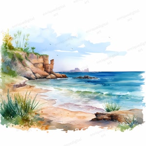 Watercolor Seascape Clipart, Cliff Clipart, Ocean Scenery, Sea ...