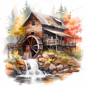 Watercolor Watermill Clipart, Watermill PNG, Watermill Printable Art ...