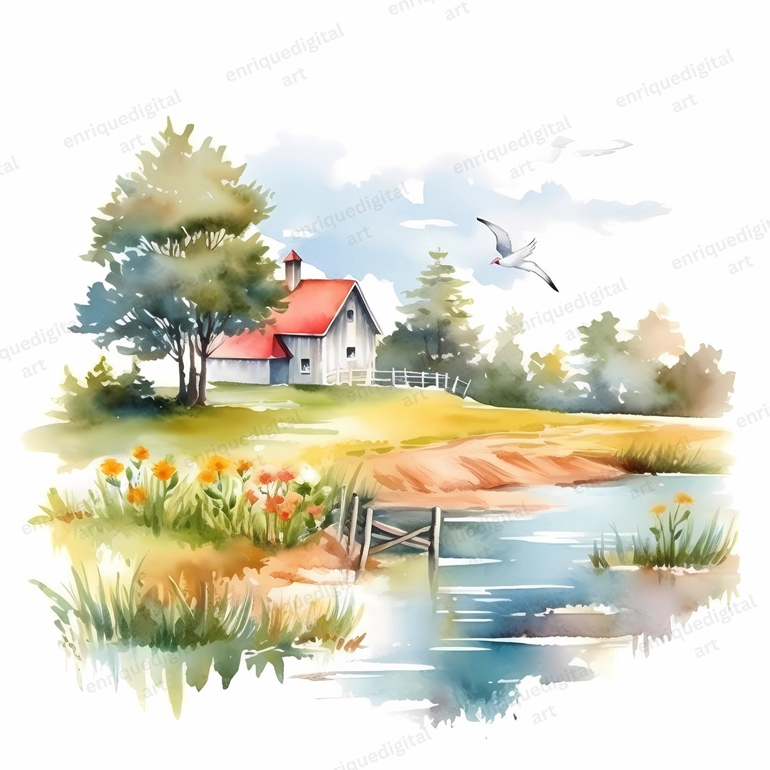 Watercolor Countryside Clipart, Landscape Art, Printable Wall Art, Wall ...