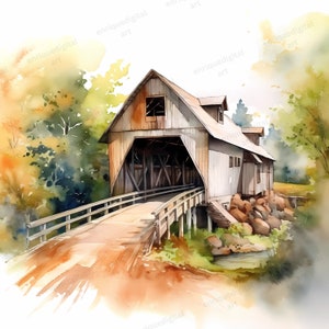 Watercolor Covered Bridge Clipart, Bridge Landscape, Printable Art ...