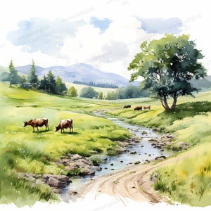 Watercolor Countryside Animals Clipart, Landscape Scenes, PNG, Digital ...