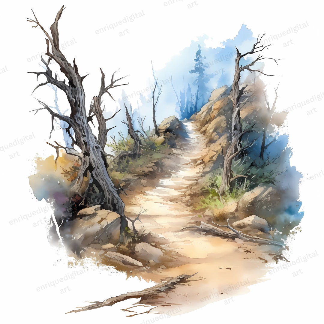 Watercolor Mountain Forest Path Clipart, Watercolor Landscape, Hiking ...