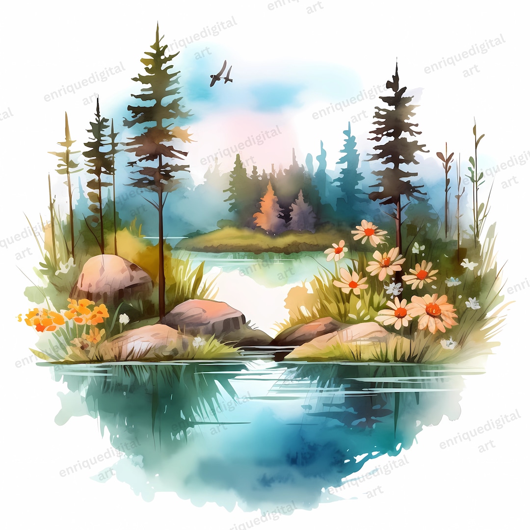 Watercolor Lake Landscape Clipart, Sea Clipart, Wildflowers Clipart ...