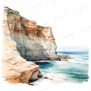 Watercolor Seascape Clipart, Cliff Clipart, Ocean Scenery, Sea ...