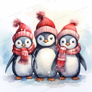 Watercolor Winter Christmas Penguins Clipart, Digital Download, Cute ...