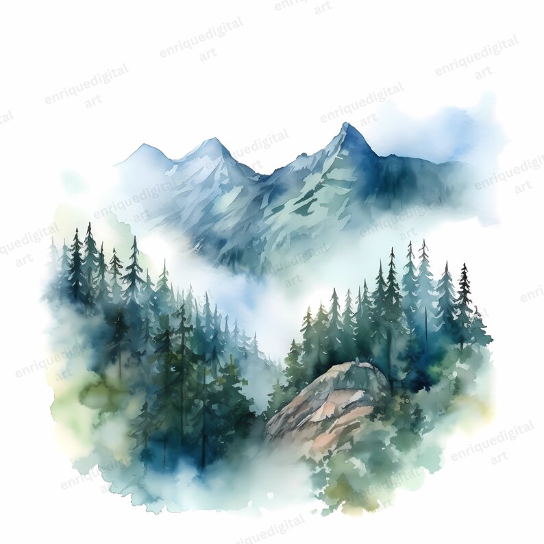 Watercolor Misty Forest Mountain Clipart Misty Mountain - Etsy