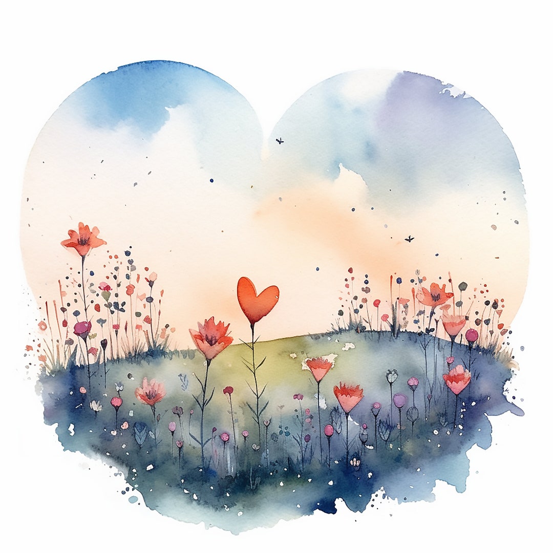 Heart Watercolor Clipart, Heart Clipart, Meadow Landscape, Watercolor ...