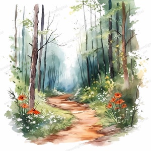 Watercolor Forest Path Clipart, Lanscape Clipart, Wildflowers Clipart ...