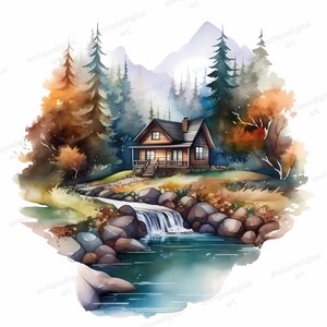 Watercolor Forest Cabin Clipart, Cabin in Woods, Houses Clipart, Forest ...