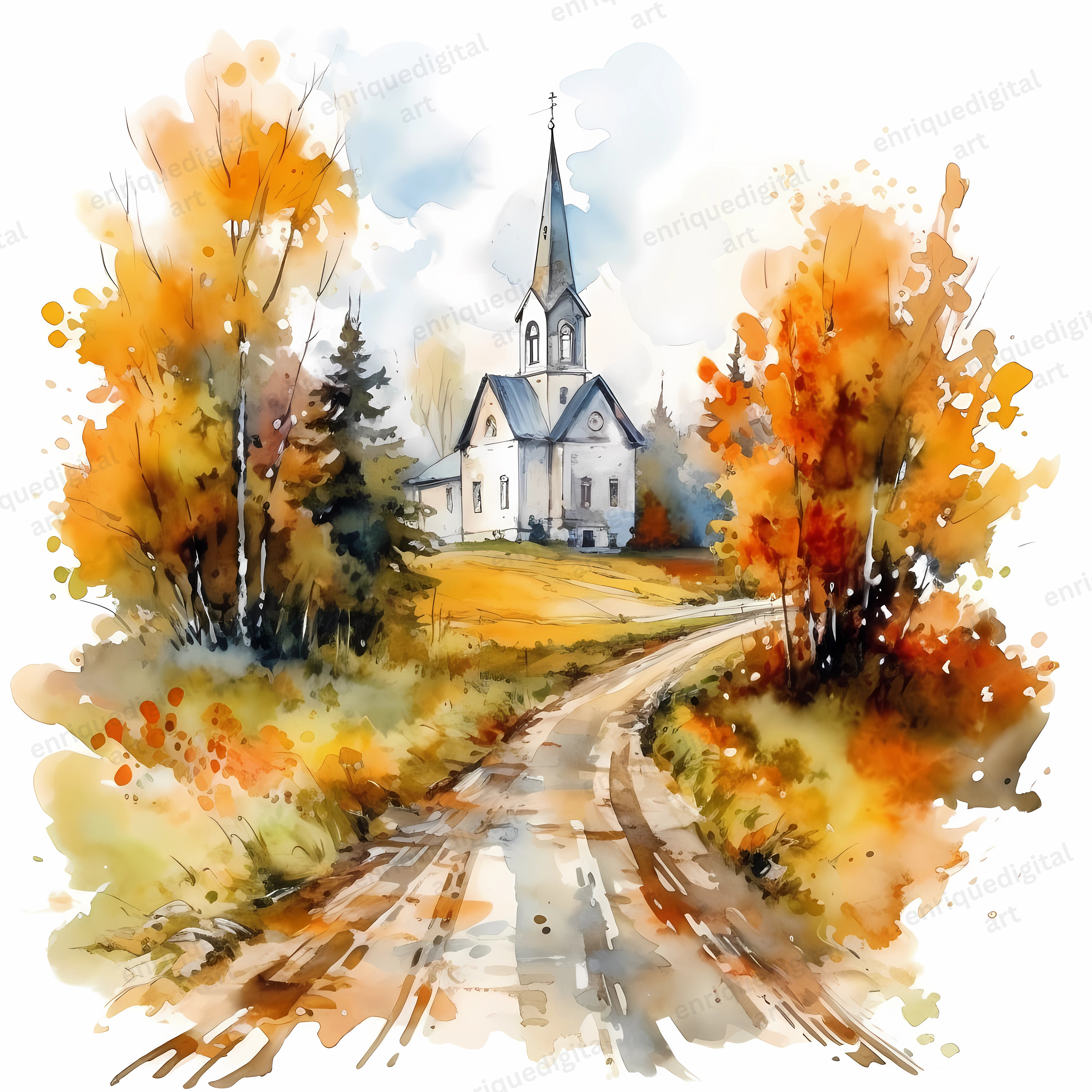 Watercolor Church Autumn Clipart Landscape Art Printable - Etsy
