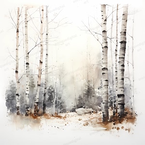 Watercolor Winter Birch Trees Clipart, Winter Landscape , PNG Format ...