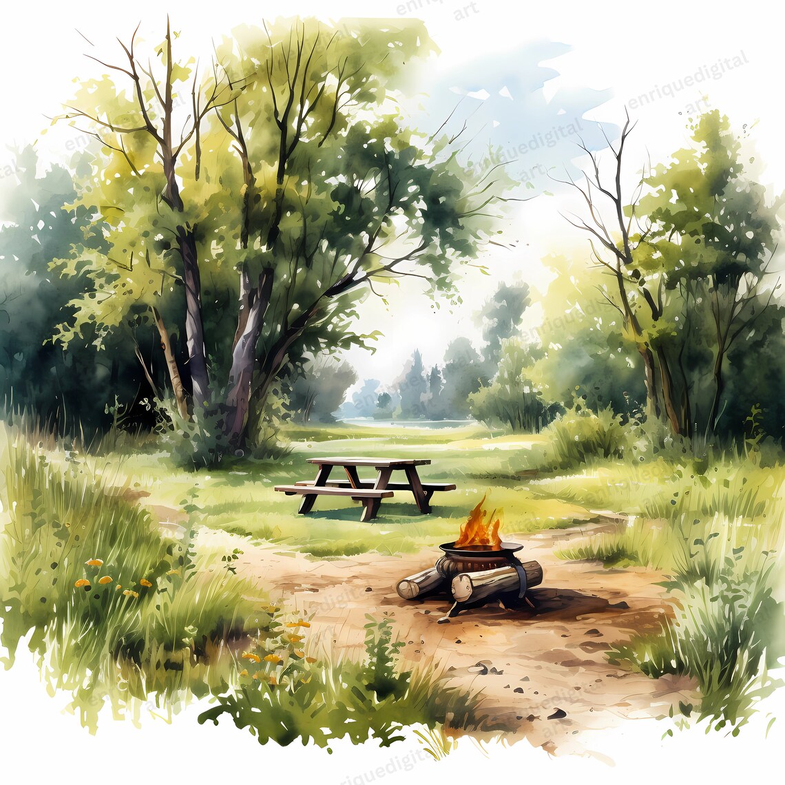 Watercolor Summer Picnic Clipart Picnic Landscape Digital - Etsy