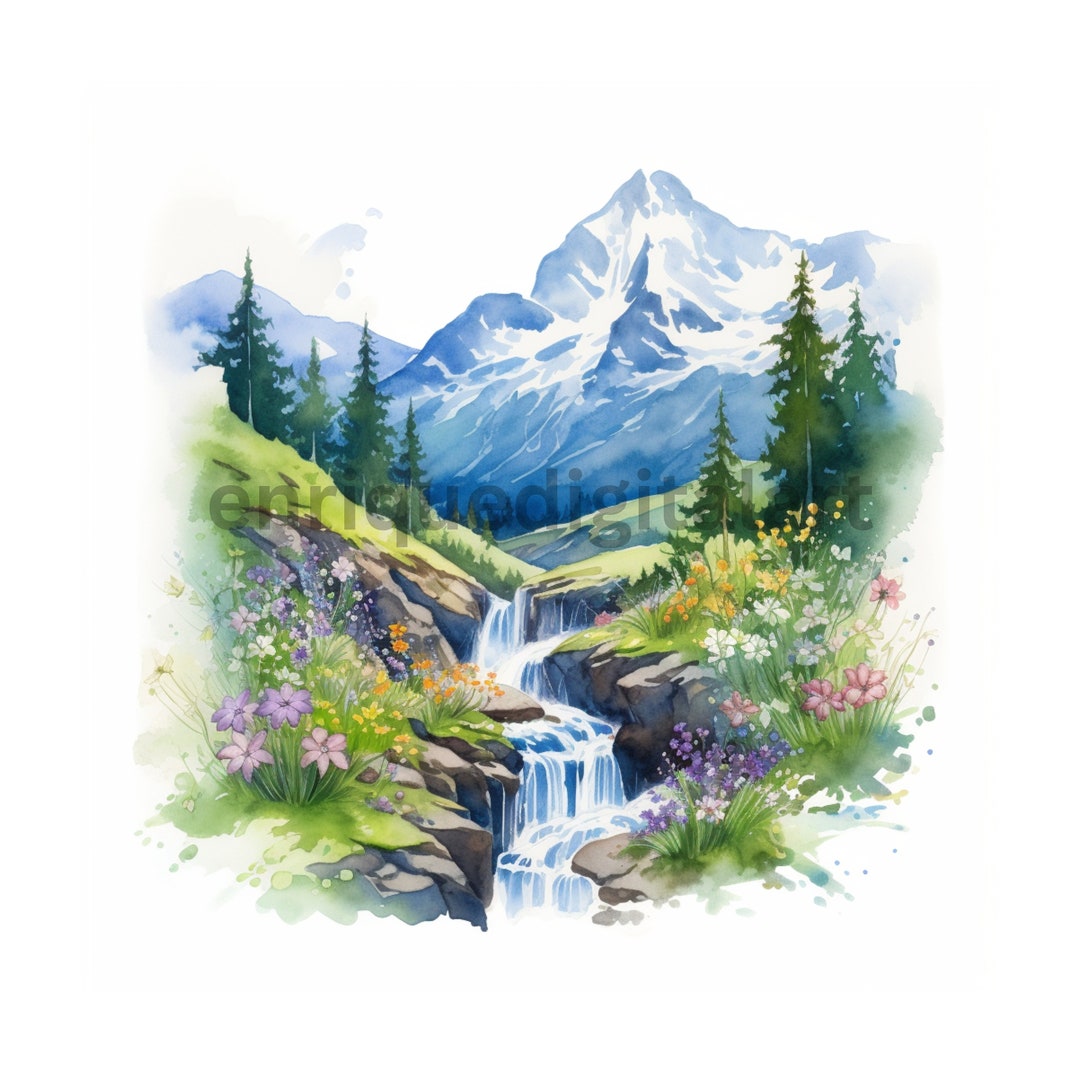 Mountain Stream Landscape, Watercolor Painting, High Quality Jpgs, Card ...