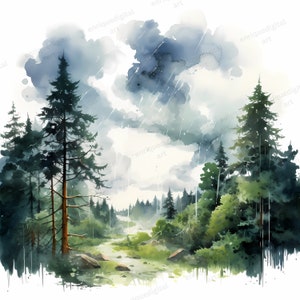 Watercolor Forest Clipart, Forest Landscape, Nature Scene, Digital ...