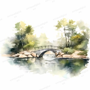 Watercolor Forest Bridge Clipart, Landscape Art, Printable Wall Art ...